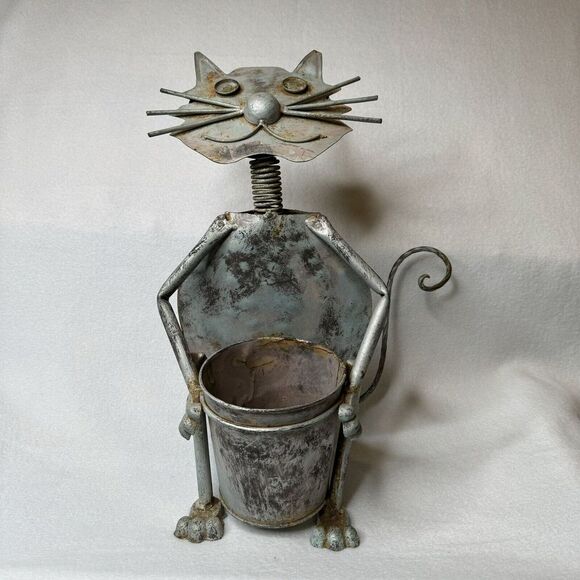 Art | Rustic Metal Cat Planter Bobble Head Whimsical Yard Art Home ...